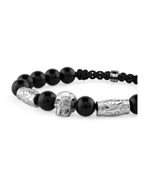 Philipp Plein Onyx And Stainless Steel Bracelet With Skull Motif