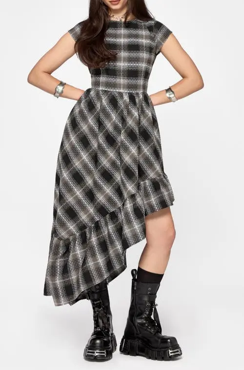DISTURBIA Noemi Check Asymmetrical Ruffle Maxi Dress