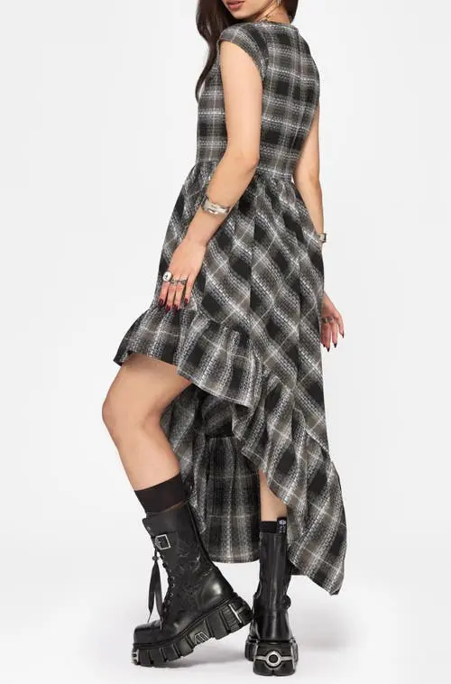 DISTURBIA Noemi Check Asymmetrical Ruffle Maxi Dress