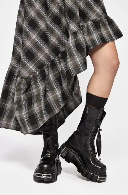DISTURBIA Noemi Check Asymmetrical Ruffle Maxi Dress