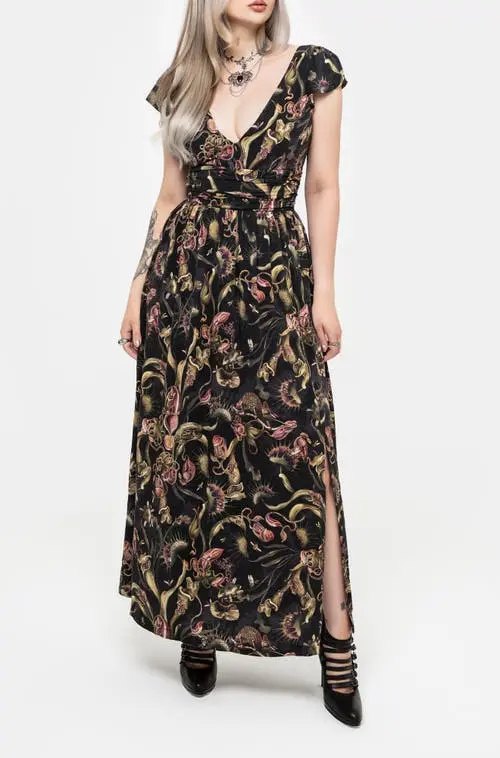 DISTURBIA Dionaea Flytrap Print V-neck Maxi Dress