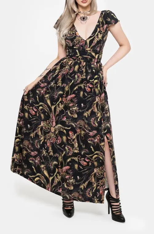DISTURBIA Dionaea Flytrap Print V-neck Maxi Dress
