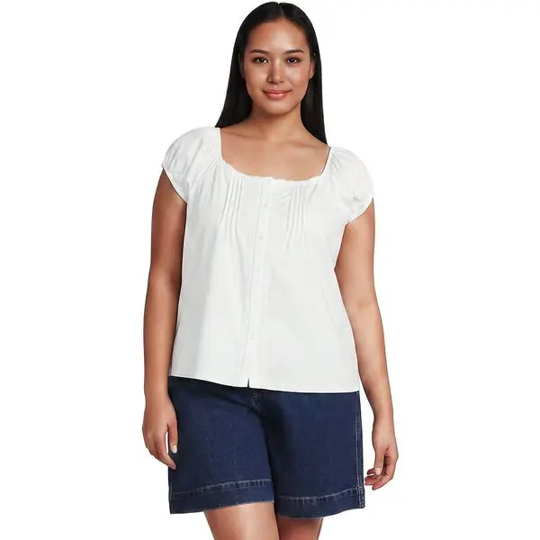 LANDS' END Sleeveless Lightweight Jersey Pintuck Button-front Blouse - Ivory