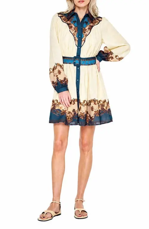CIEBON Teya Long Sleeve Belted Shirtdress - Cream Multi