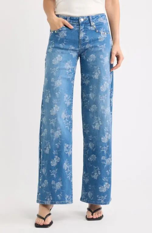 FADE OUT LOUD Rose Jacquard Studded Low Rise Wide Leg Jeans