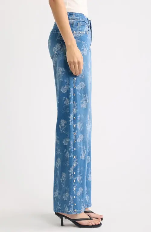 FADE OUT LOUD Rose Jacquard Studded Low Rise Wide Leg Jeans