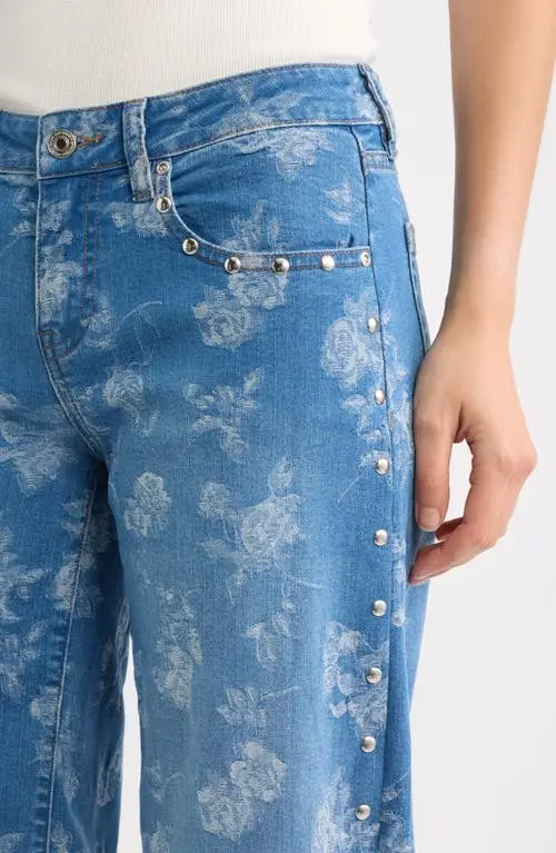 FADE OUT LOUD Rose Jacquard Studded Low Rise Wide Leg Jeans