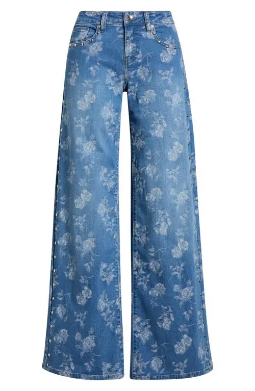 FADE OUT LOUD Rose Jacquard Studded Low Rise Wide Leg Jeans