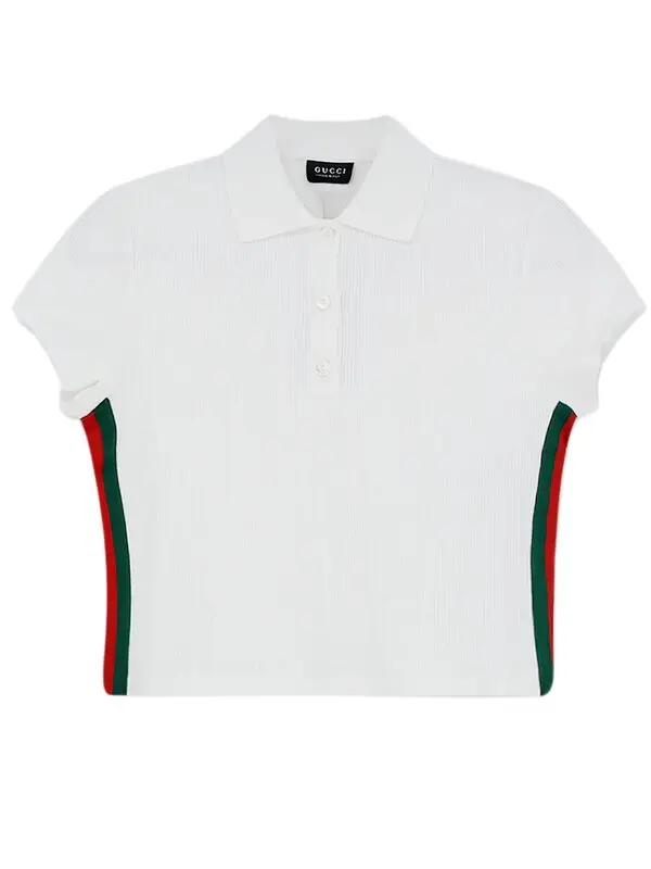 Gucci Ribbed Cotton Polo Shirt With Double G Embroidery And Web Detail - Bianco
