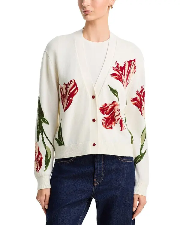 Alice + Olivia Bradley Intarsia Short V Neck Cardigan Sweater