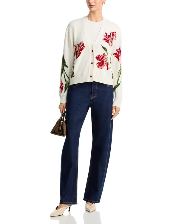 Alice + Olivia Bradley Intarsia Short V Neck Cardigan Sweater