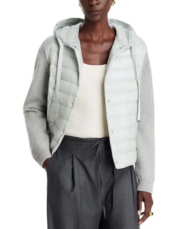 Herno Quilted Hooded Mixed Media Coat - Light Blue
