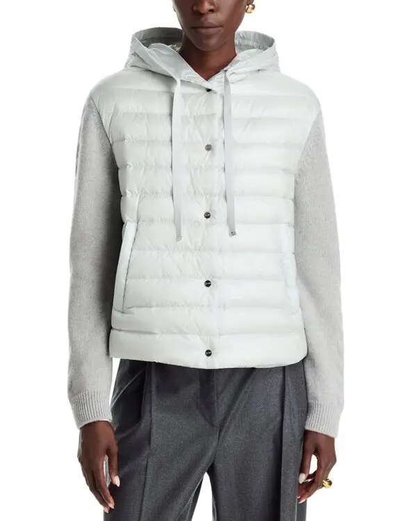 Herno Quilted Hooded Mixed Media Coat - Light Blue