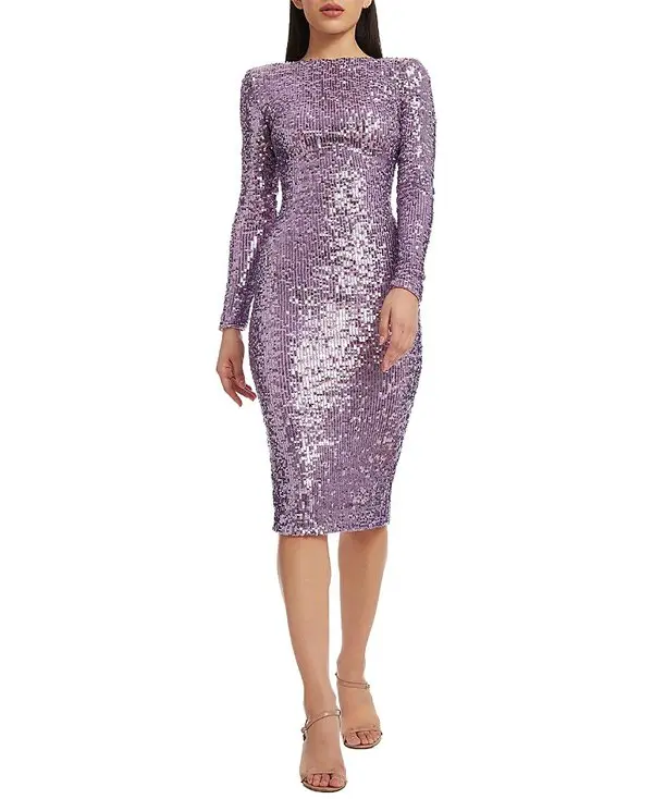 Dress The Population Emery Long Sleeve Sequin Bodycon Midi Dress - Lavender Multi