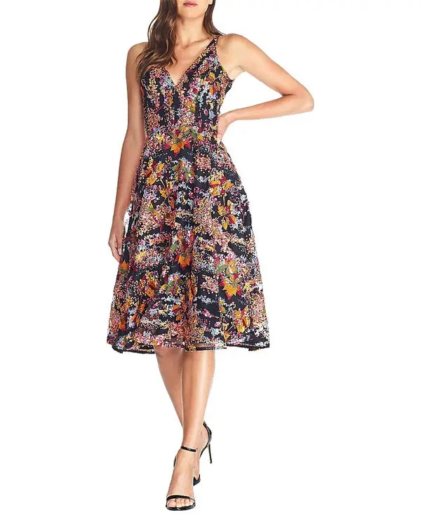 Dress The Population Elisa Floral Sequin V-neck Midi Dress