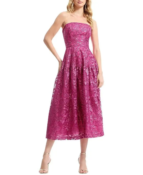 Dress The Population Gemma Strapless Floral Lace Tiered Midi Dress