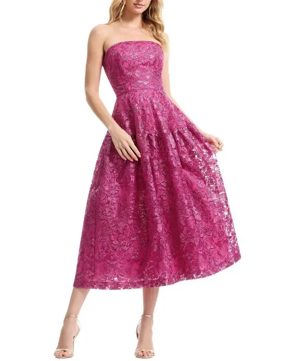 Dress The Population Gemma Strapless Floral Lace Tiered Midi Dress