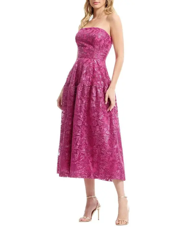 Dress The Population Gemma Strapless Floral Lace Tiered Midi Dress