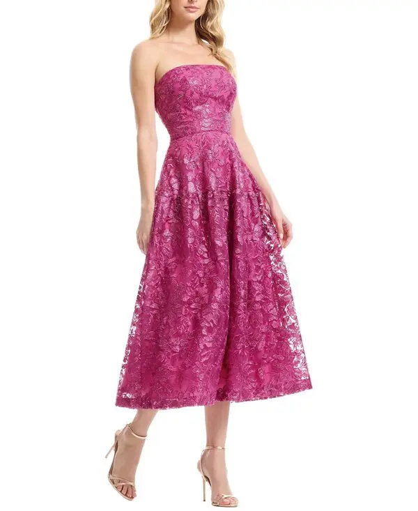 Dress The Population Gemma Strapless Floral Lace Tiered Midi Dress