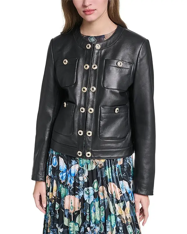 Karl Lagerfeld Paris Leather Collarless Jacket With Button Detailing