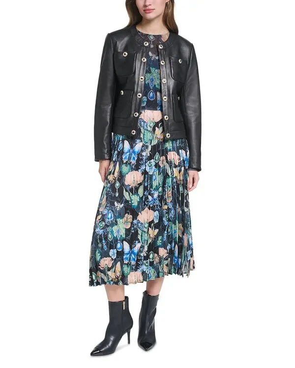 Karl Lagerfeld Paris Leather Collarless Jacket With Button Detailing