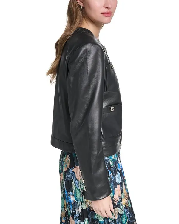 Karl Lagerfeld Paris Leather Collarless Jacket With Button Detailing