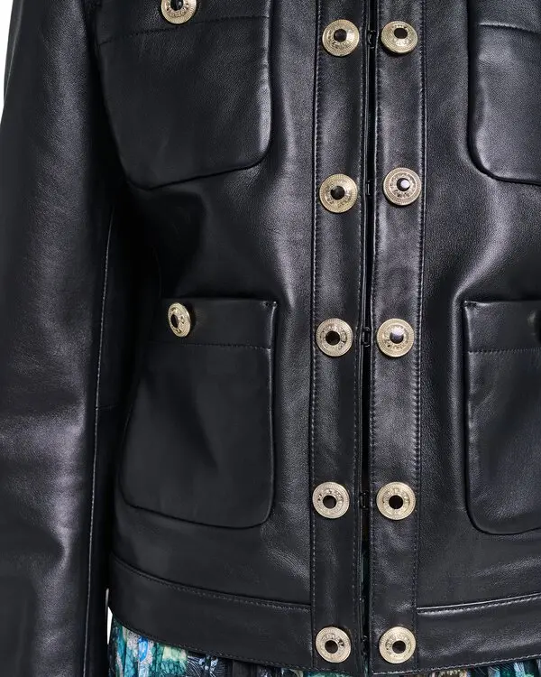 Karl Lagerfeld Paris Leather Collarless Jacket With Button Detailing