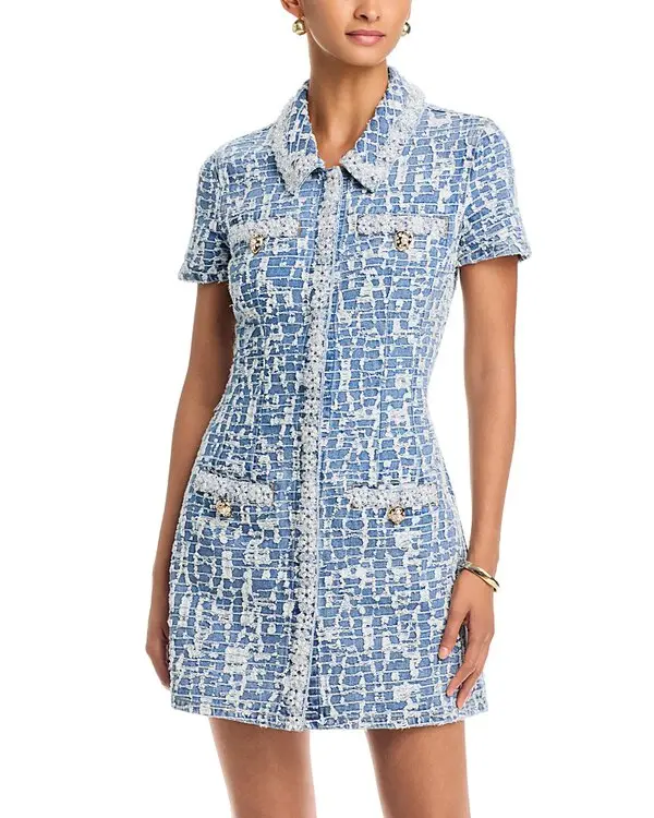 SELF-PORTRAIT Collared Textured Denim Mini Dress