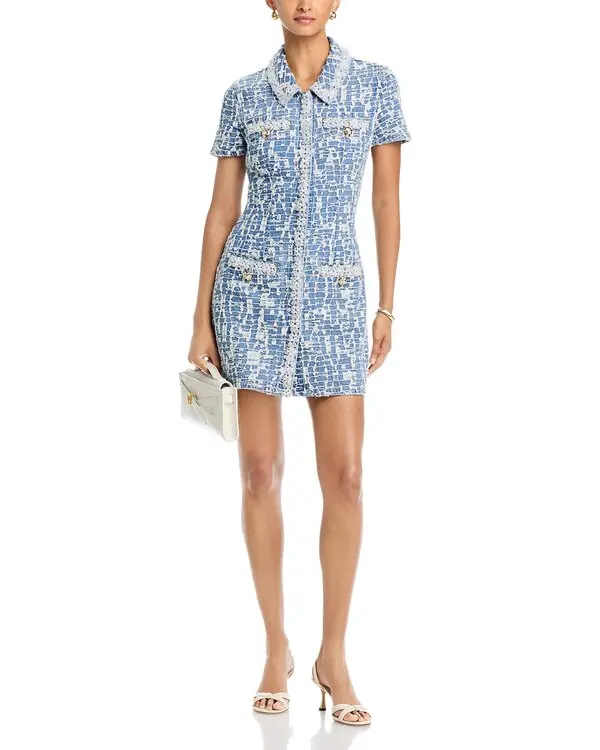 SELF-PORTRAIT Collared Textured Denim Mini Dress
