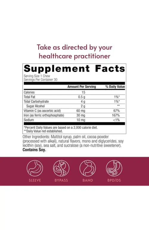 BARIATRIC ADVANTAGE Iron 30 Mg Chewy Bite With Vitamin C Chocolate Raspberry Supplement 30 Count