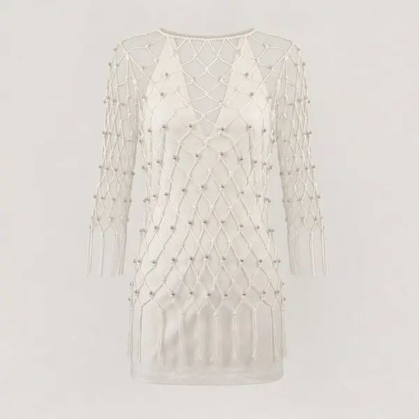 TOHEN Neutrals Manon Beaded Mini Dress
