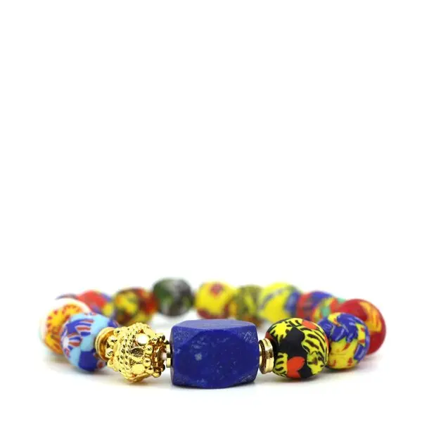 Shar Oke African Glass Medley Bali Bracelet With Lapis Lazuli And 18k -plated Brass - Gold