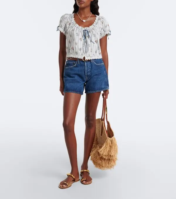 DÔEN Nera Embroidered Printed Cotton Top - White