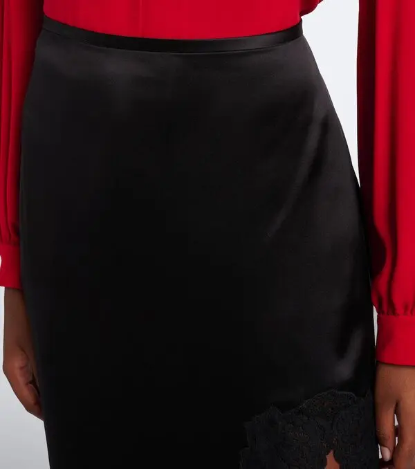 Valentino Garavani Lace-trimmed Silk Crêpe Satin Midi Skirt - Black