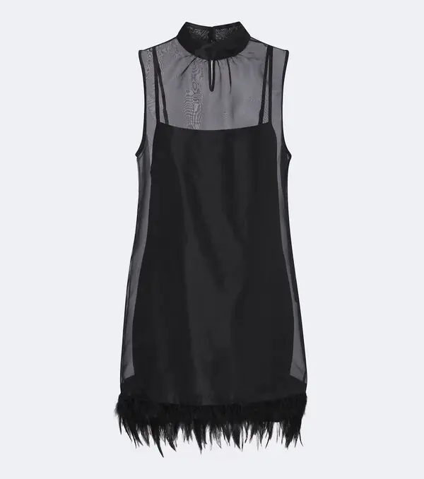 Staud Albee Feather-trimmed Silk Minidress - Black