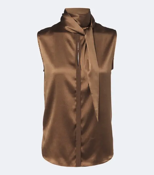 Dorothee Schumacher Sense Of Shine Tie-neck Silk-blend Satin Top - Brown