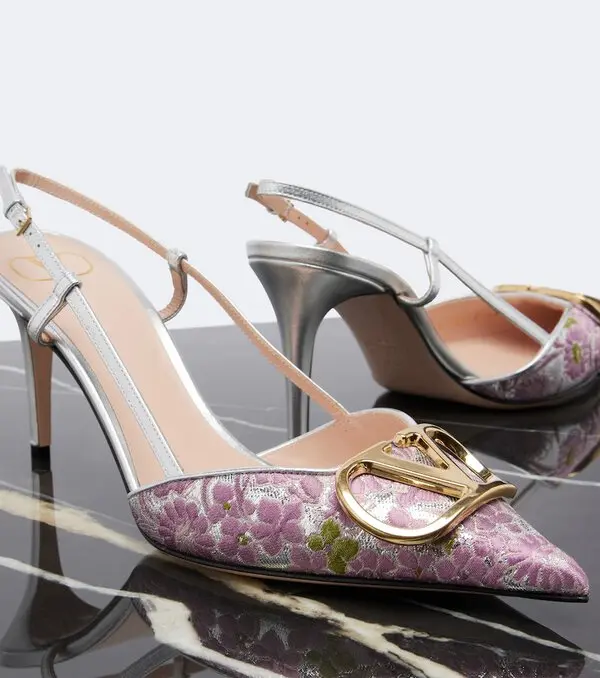 Valentino Garavani Vlogo Floral Leather-trimmed Slingback Pumps