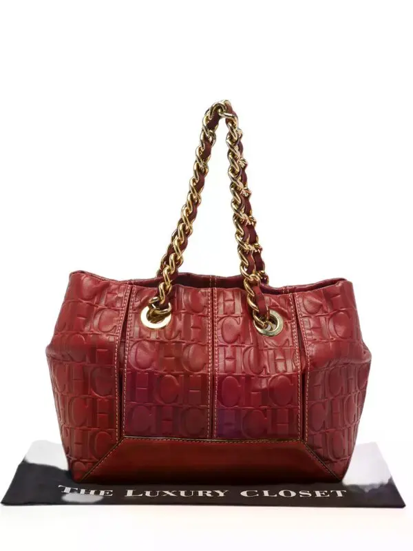 Carolina Herrera Monogram Embossed Leather Tote Bag - Red