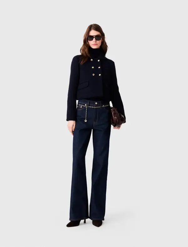 Maje Short Double-breasted Tweed Jacket With Gold Button Detail