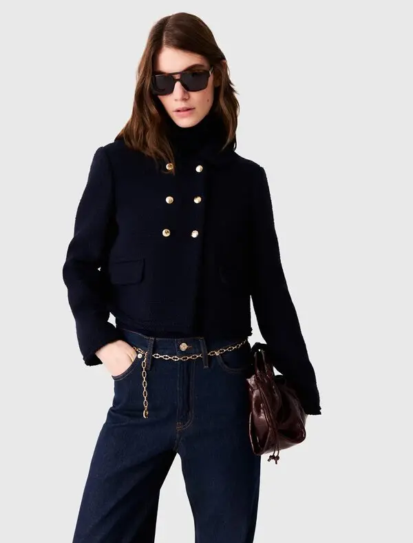 Maje Short Double-breasted Tweed Jacket With Gold Button Detail