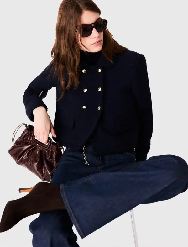 Maje Short Double-breasted Tweed Jacket With Gold Button Detail