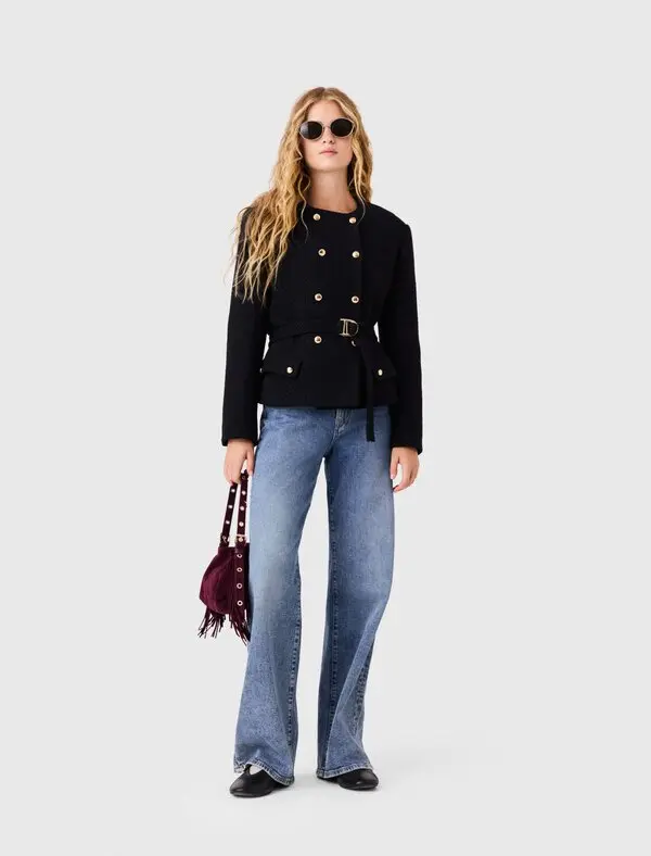 Maje Textured Double-breasted Belted Jacket
