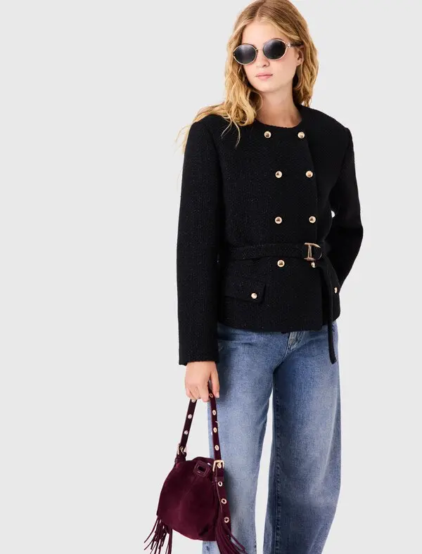 Maje Textured Double-breasted Belted Jacket