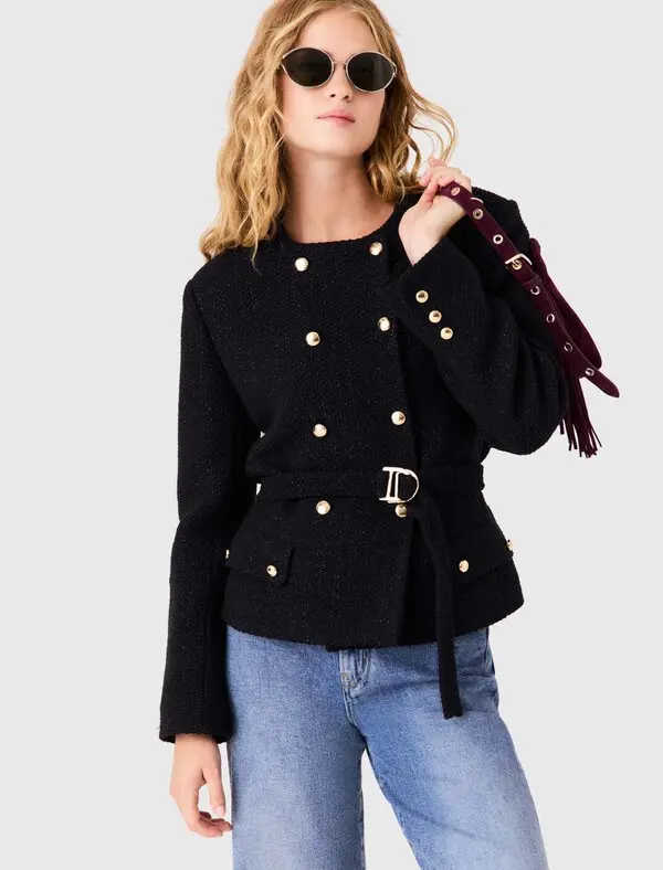 Maje Textured Double-breasted Belted Jacket