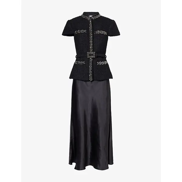 SELF-PORTRAIT Crystal-trim Bouclé And Satin Midi Dress