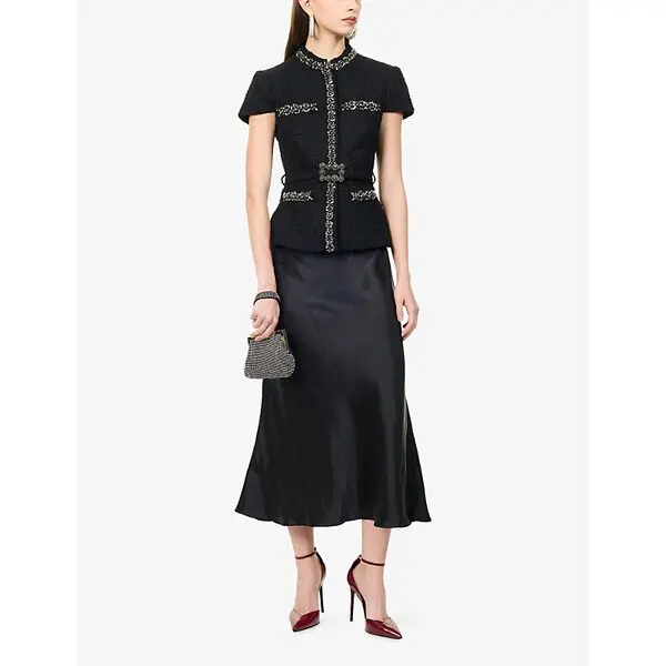 SELF-PORTRAIT Crystal-trim Bouclé And Satin Midi Dress