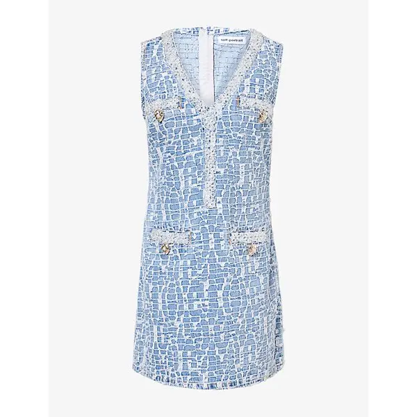 SELF-PORTRAIT Bead-embellished Mosaic Denim Mini Dress - Blue