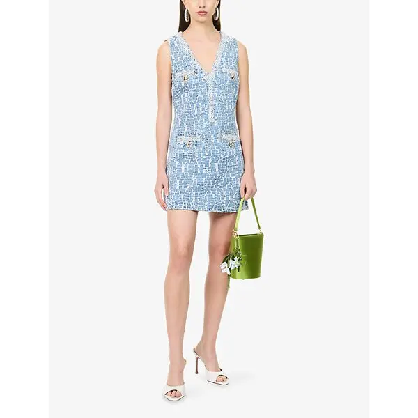 SELF-PORTRAIT Bead-embellished Mosaic Denim Mini Dress