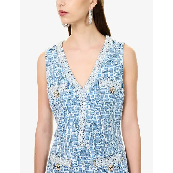 SELF-PORTRAIT Bead-embellished Mosaic Denim Mini Dress