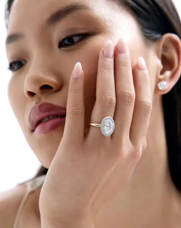 Ring Concierge 3.10 Ct. Oval Lab Diamond Engagement Ring With Pavé Halo In 14k Yellow